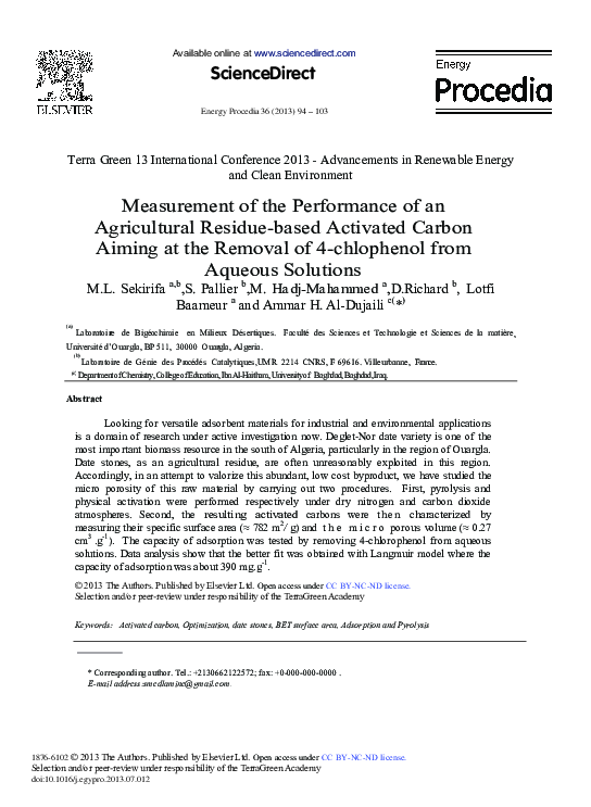 (PDF) Measurement of the Performance of an Agricultural Residue-based Activated Carbon Aiming at ...