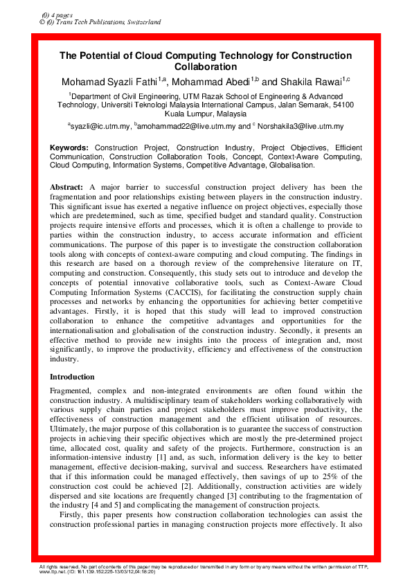 (PDF) The Potential of Cloud Computing Technology for Construction Collaboration