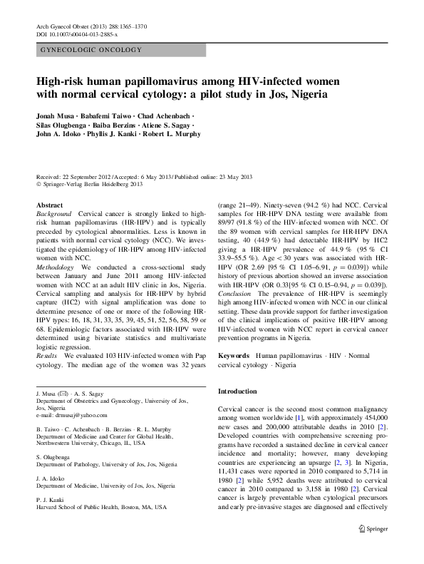 Pdf High Risk Human Papillomavirus Among Hiv Infected Women With 8460