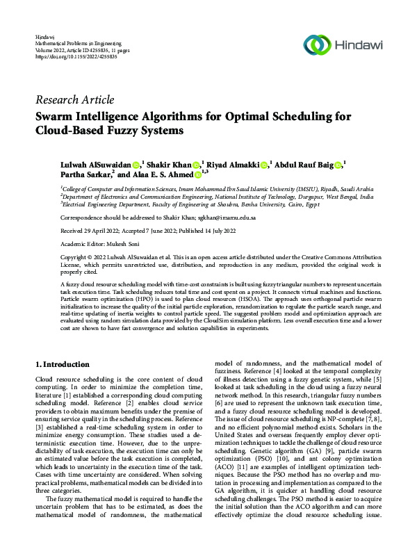 (PDF) Swarm Intelligence Algorithms for Optimal Scheduling for Cloud-Based Fuzzy Systems