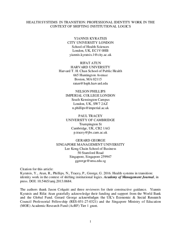 (PDF) Health Systems in Transition: Professional Identity Work in the ...