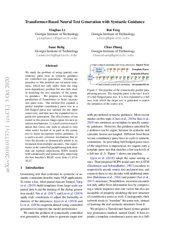 Pdf Transformer Based Neural Text Generation With Syntactic Guidance