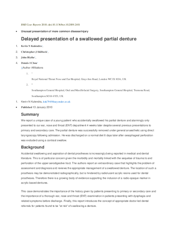(PDF) Delayed presentation of a swallowed partial denture