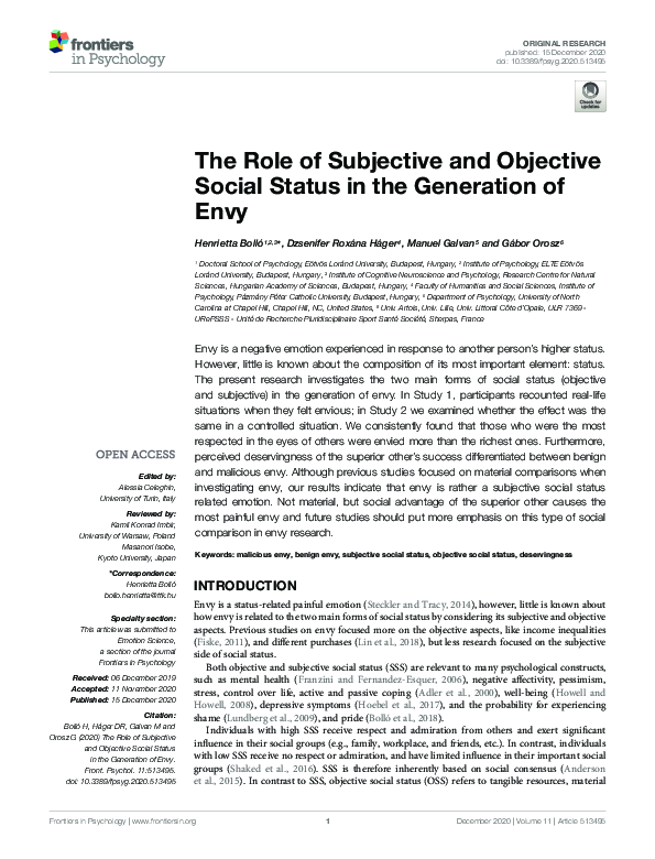(PDF) The Role of Subjective and Objective Social Status in the ...