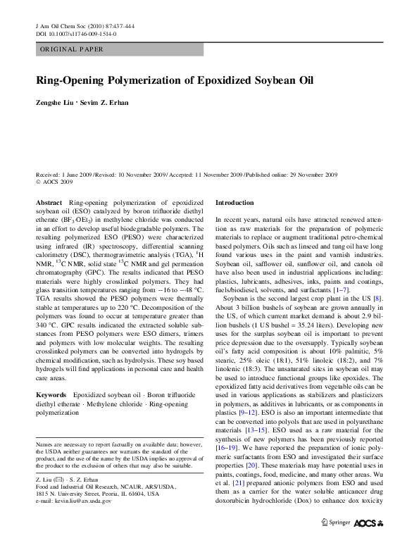 Pdf Ring Opening Polymerization Of Epoxidized Soybean Oil