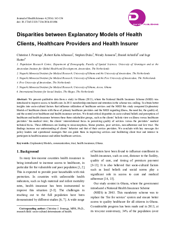 (PDF) Disparities between Explanatory Models of Health Clients ...