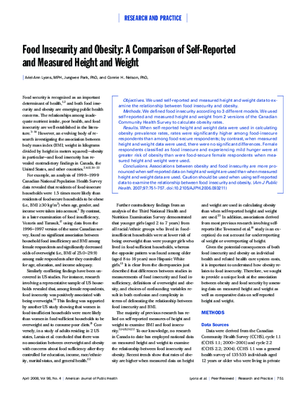 (PDF) Food Insecurity and Obesity: A Comparison of Self-Reported and ...