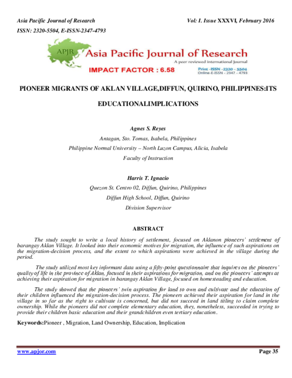 (PDF) Pioneer Migrants of Aklan Village,Diffun, Quirino, Philippines ...