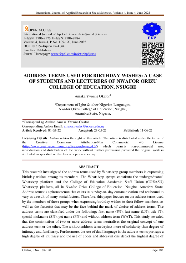 (PDF) Address Terms Used for Birthday Wishes: A Case of Students and ...