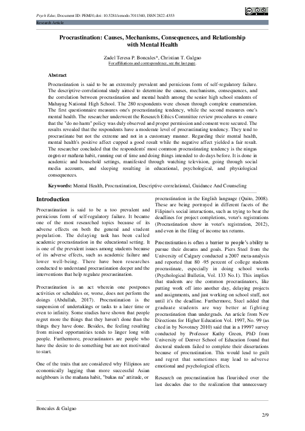 (PDF) Procrastination: Causes, Mechanisms, Consequences, and ...