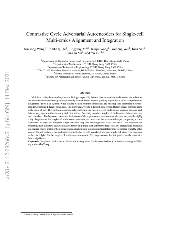 Pdf Contrastive Cycle Adversarial Autoencoders For Single Cell Multi Omics Alignment And