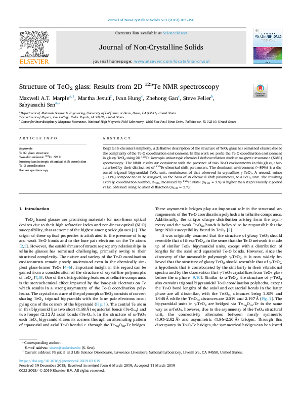 (PDF) Structure of TeO2 glass: Results from 2D 125Te NMR spectroscopy