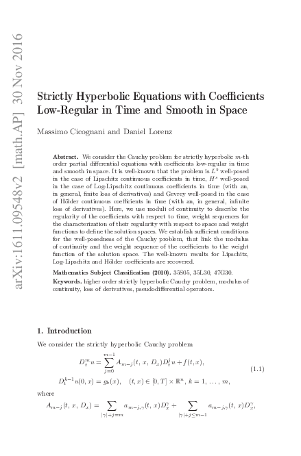 Pdf Strictly Hyperbolic Equations With Coefficients Low Regular In Time And Smooth In Space