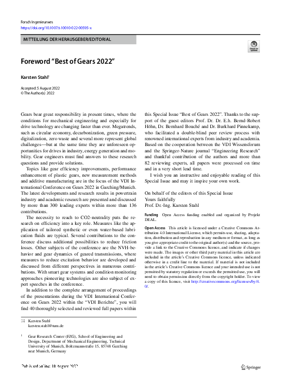 (PDF) Foreword “Best of Gears 2022” | Karsten Stahl - Academia.edu