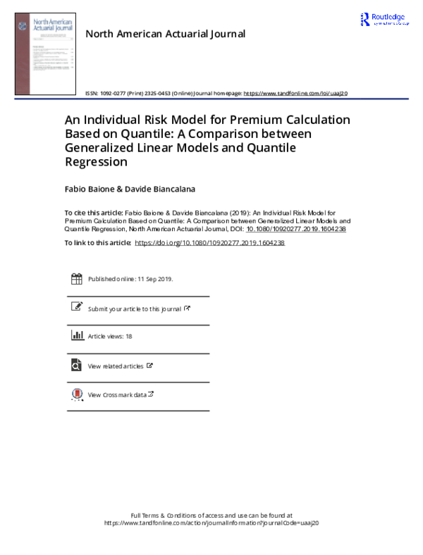 (PDF) An Individual Risk Model for Premium Calculation Based on Quantile: A Comparison between ...