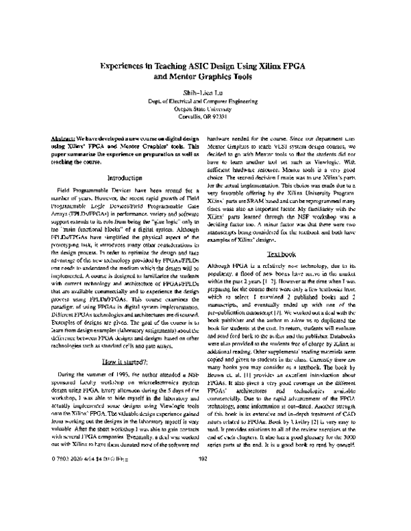 Pdf Experiences In Teaching Asic Design Using Xilinx Fpga And Mentor