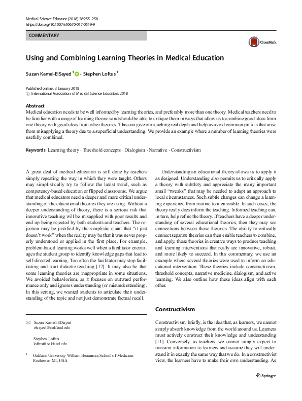 (PDF) Using and Combining Learning Theories in Medical Education