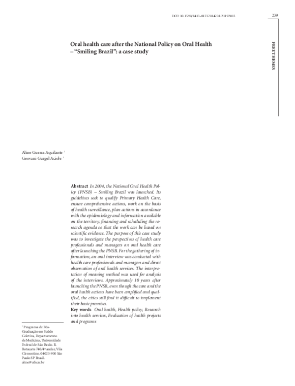 (PDF) Oral health care after the National Policy on Oral Health - "Smiling Brazil": a case study ...