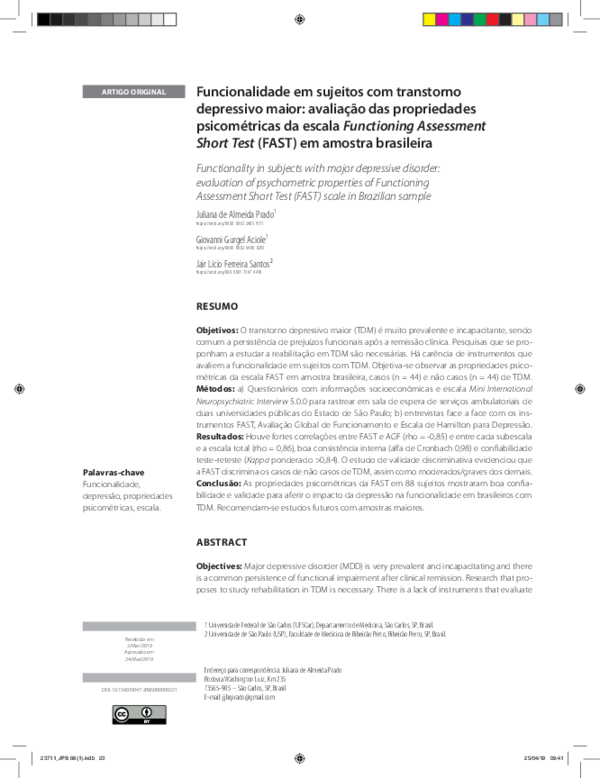 (PDF) Funcionalidade em sujeitos com transtorno depressivo maior ...