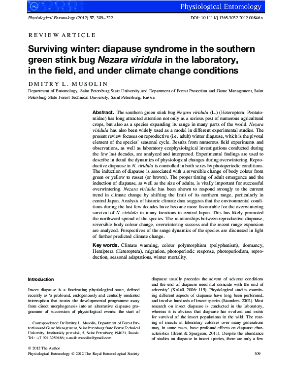 (PDF) Surviving winter: diapause syndrome in the southern green stink ...