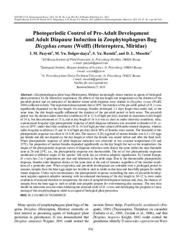 (PDF) Photoperiodic Control of Pre-Adult Development and Adult Diapause Induction in ...