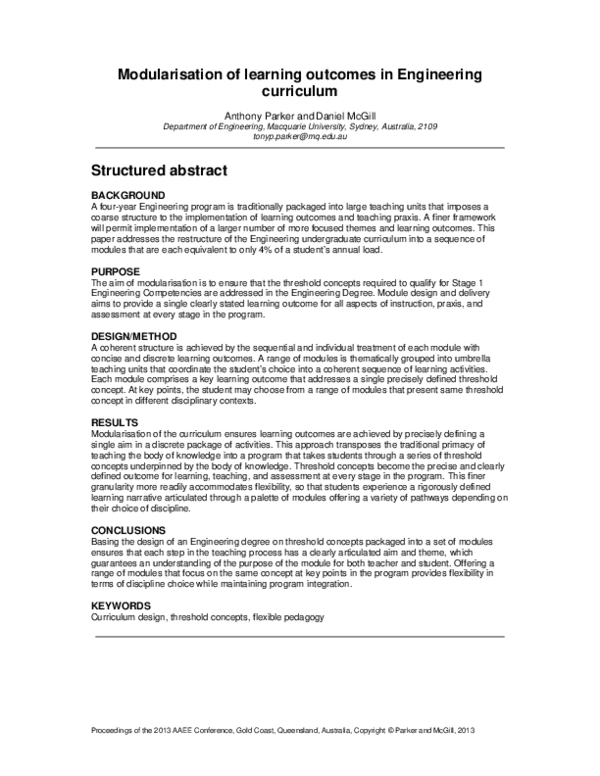 (PDF) Modularisation of learning outcomes in Engineering curriculum ...