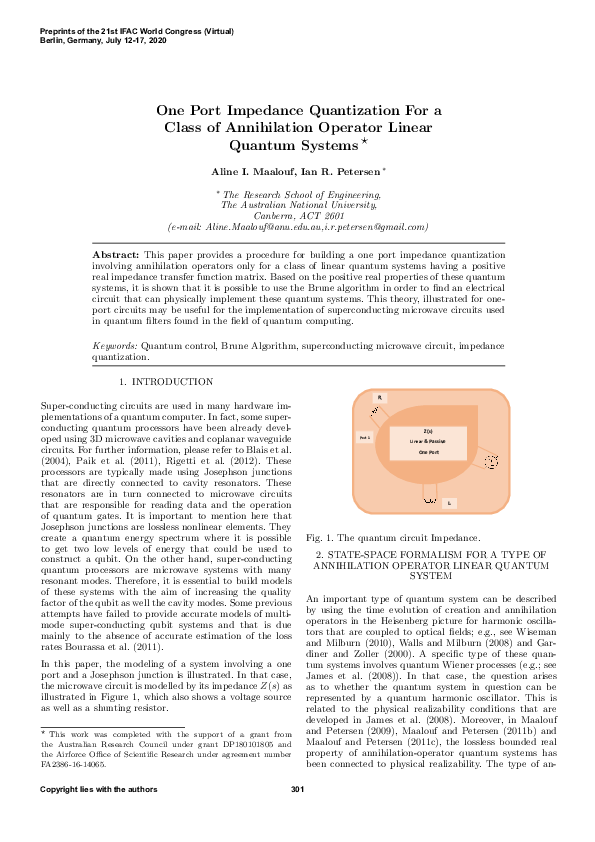 (PDF) One Port Impedance Quantization For a Class of Annihilation Operator Linear Quantum Systems
