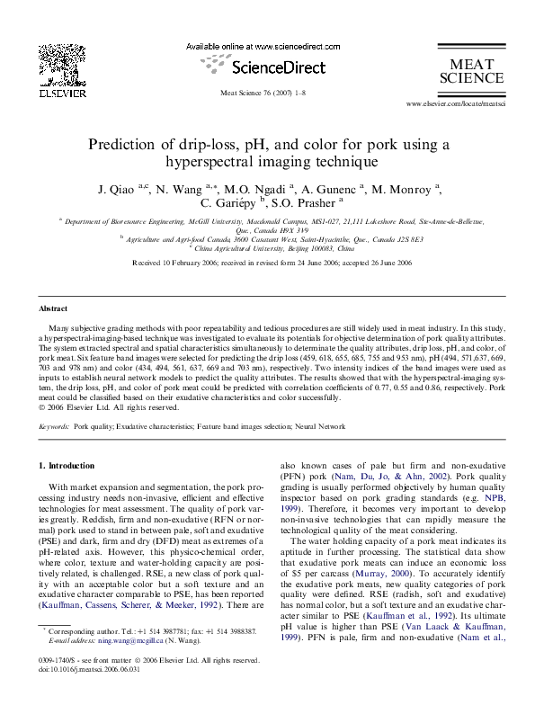 (PDF) Prediction of drip-loss, pH, and color for pork using a ...