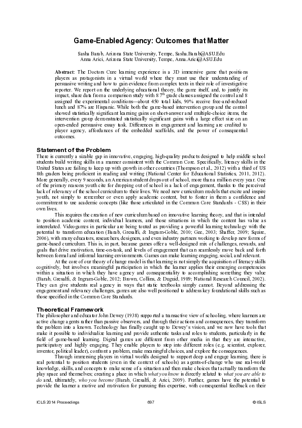 (PDF) Game-Enabled Agency: Outcomes that Matter