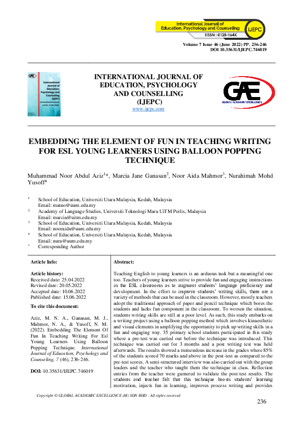 (PDF) Embedding the Element of Fun in Teaching Writing for Esl Young ...