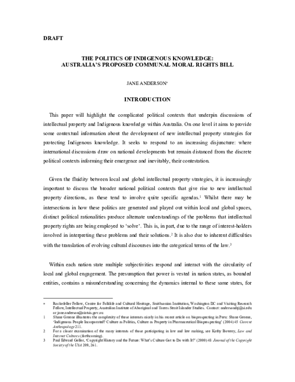 (PDF) Politics of Indigenous Knowledge: Australia's Proposed Communal ...