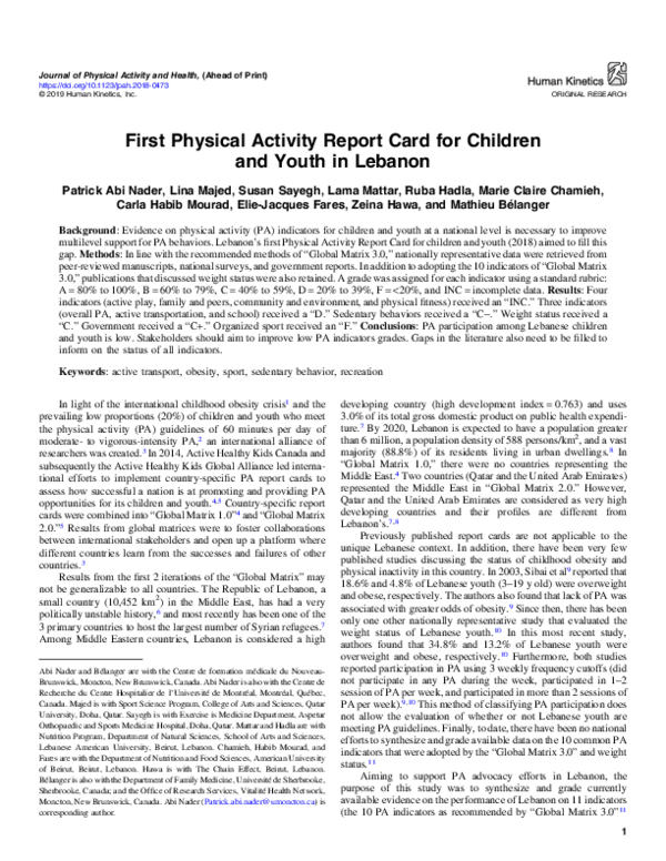 (PDF) First Physical Activity Report Card for Children and Youth in Lebanon