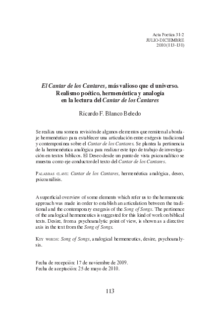 (PDF) El Cantar de los Cantares , más valioso que el universo. Realismo poético, hermenéutica y ...