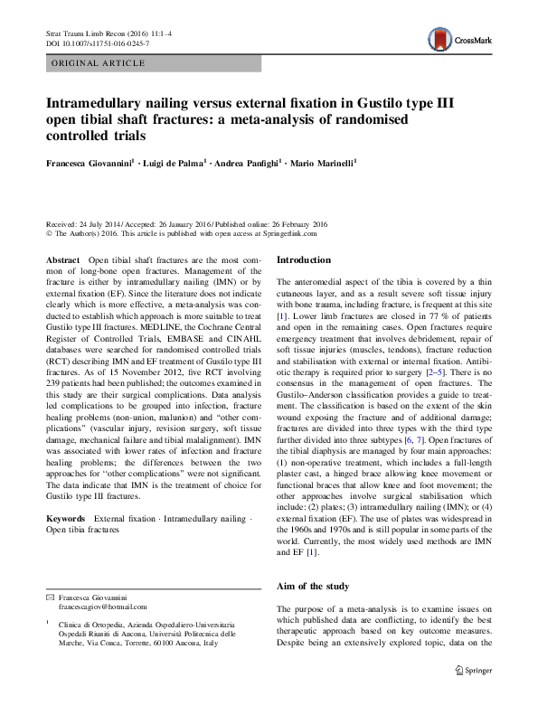 (PDF) Intramedullary nailing versus external fixation in Gustilo type III open tibial shaft ...