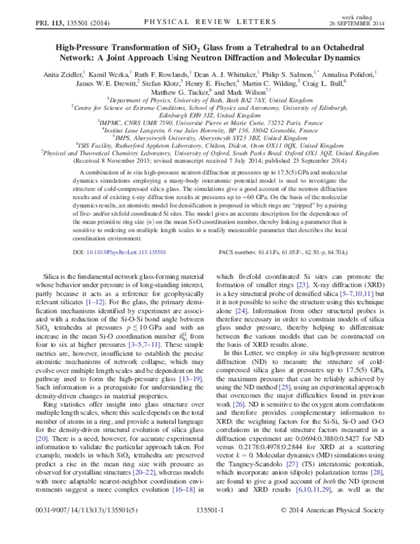 (PDF) High-Pressure Transformation of SiO2 Glass from a Tetrahedral to ...