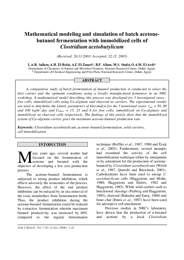Pdf Mathematical Modeling And Simulation Of Batch Acetone Butanol Fermentation With