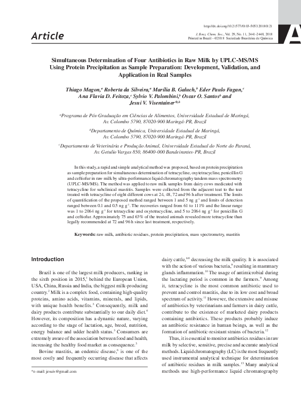 (PDF) Simultaneous Determination of Four Antibiotics in Raw Milk by UPLC-MS/MS Using Protein ...