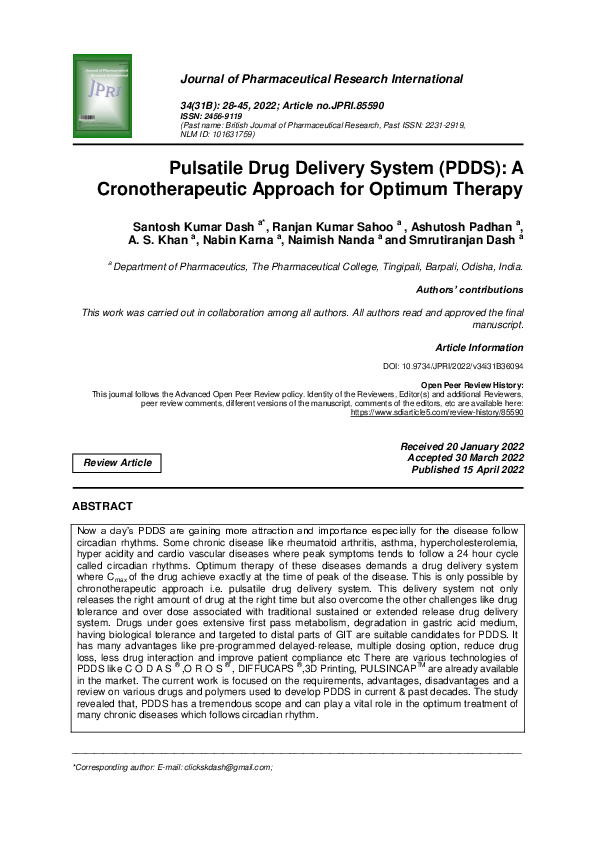 (PDF) Pulsatile Drug Delivery System (PDDS): A Cronotherapeutic ...