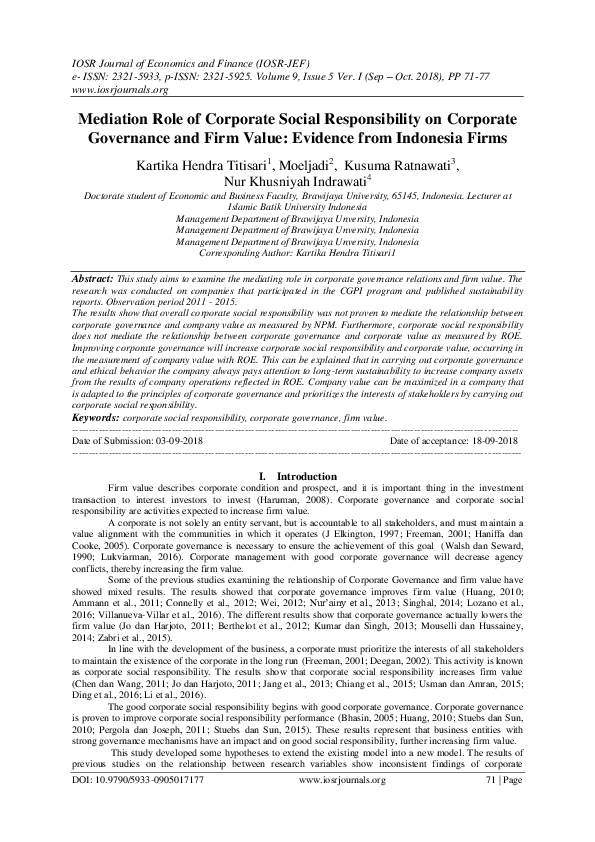 (PDF) Mediation Role of Corporate Social Responsibility on Corporate Governance and Firm Value ...