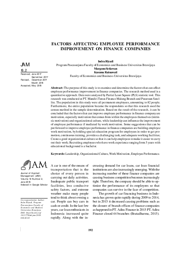 Factors Affecting Employee Performance Improvement on Finance Companies