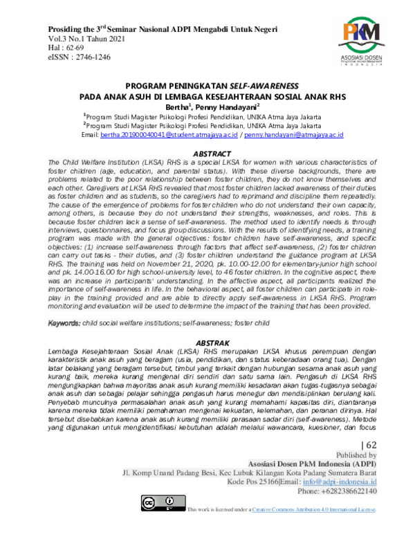 (PDF) Program Peningkatan Self-Awareness Pada Anak Asuh DI Lembaga Kesejahteraan Sosial Anak RHS