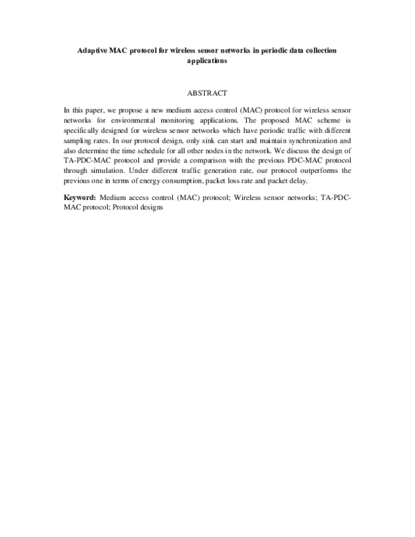 Pdf Adaptive Mac Protocol For Wireless Sensor Networks In Periodic Data Collection