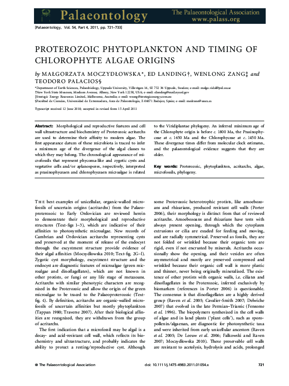 (PDF) Proterozoic phytoplankton and timing of Chlorophyte algae origins