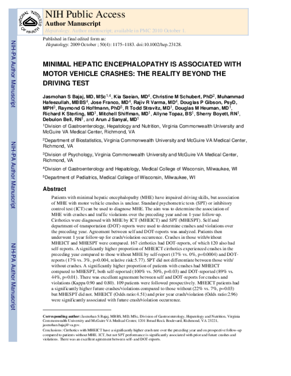 (PDF) Minimal hepatic encephalopathy is associated with motor vehicle ...