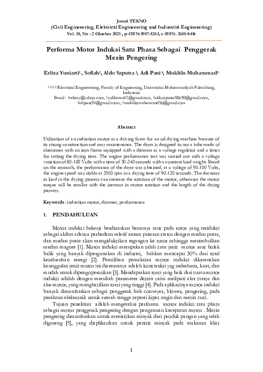 (PDF) Performa Motor Induksi Satu Phasa Sebagai Penggerak Mesin Pengering
