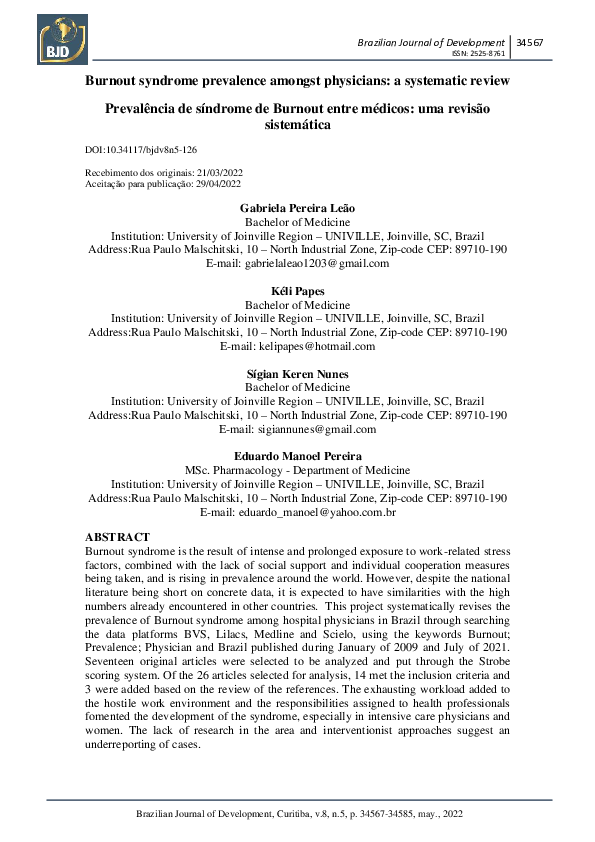 (PDF) Burnout syndrome prevalence amongst physicians: a systematic review