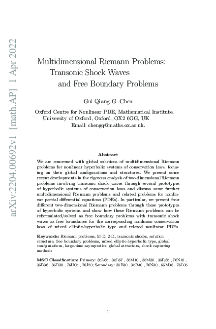 Pdf Multidimensional Riemann Problems Transonic Shock Waves And Free Boundary Problems