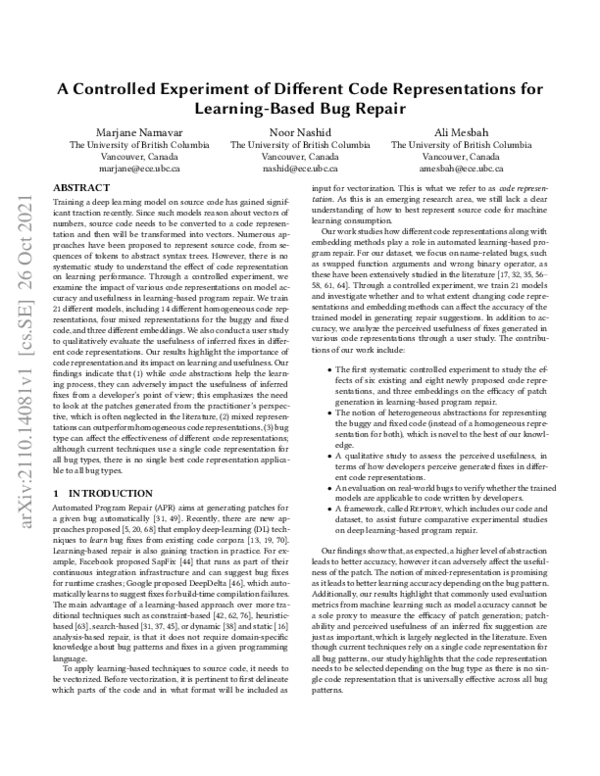 Pdf A Controlled Experiment Of Different Code Representations For Learning Based Bug Repair