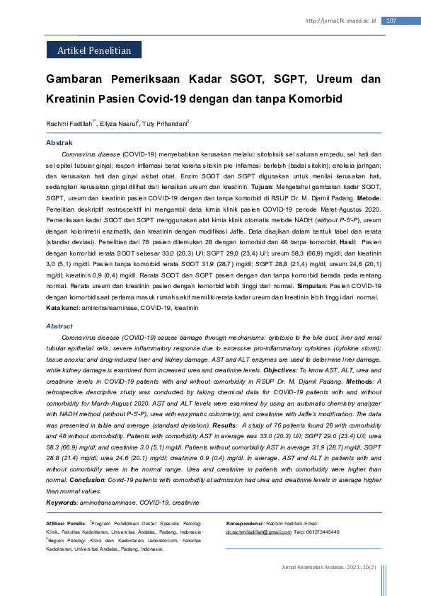 (PDF) Gambaran Pemeriksaan Kadar SGOT, SGPT, Ureum dan Kreatinin Pasien Covid-19 dengan dan ...