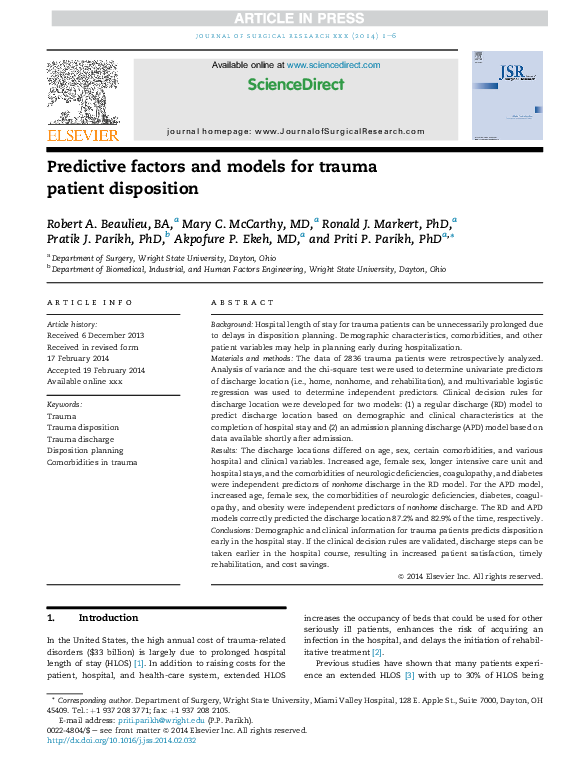 (PDF) Predictive factors and models for trauma patient disposition